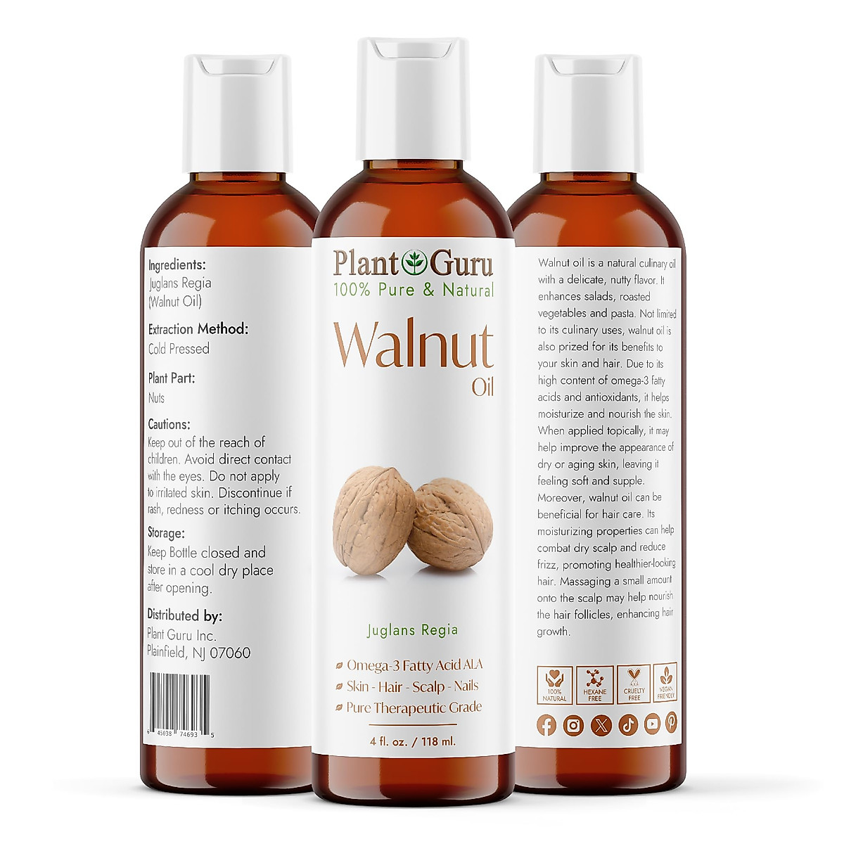 Walnut Oil 4 fl. oz. - Cold Pressed 100% Pure Natural - Skin, Body, Face, and Hair Growth Moisturizer. Great For Creams, Lotions, Lip balm and Soap Making