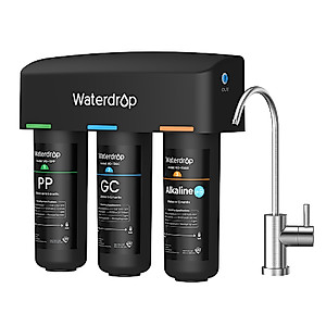 Waterdrop TSB-ALK 8 Layer High Capacity Slightly Alkaline Under Sink Water Filter, Reduces PFAS, PFOA/PFOS, Fluoride, Chlorine, Bad Taste & Odor, with Dedicated Faucet, Under Sink Water Filter