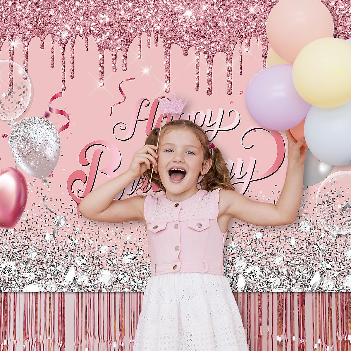 Avezano Rose Gold Birthday Backdrop Rose Pink and Sliver Glitter Balloons Banner Rose Gold Birthday Decorations for 16th 18th 21st 30th Women Girls Birthday Photoshoot Background 70.8 x 43.3 Inch