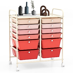 SILKYDRY 12 Drawer Rolling Storage Cart, Art Cart Organizer on Wheels, Mobile Utility Cart with Drawers, Multipurpose Craft Drawers for Home Office School Classroom (Mixed Pink)