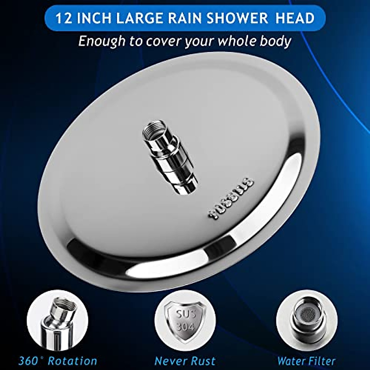Voolan Rain Shower Head, High Flow Large Rainfall Showerhead Made of All Metal Stainless Steel, Waterfall Body Covering, Universal Wall and Ceiling Mount (12 Inch, Chrome)