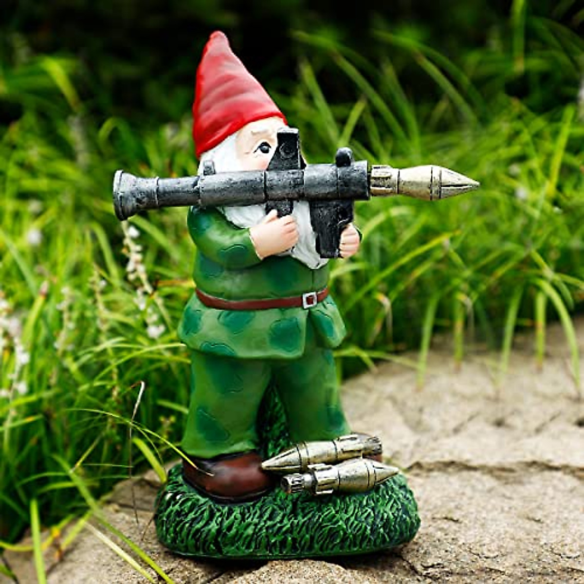PERFECTOP Solar Military Garden Gnome Statue with RPG, Large War Army Combat Defender Soldier Patriotic Gnome Figurine with Gun, Outdoor Patio Yard Lawn Decor, Thanksgiving Christmas Ornament Gift