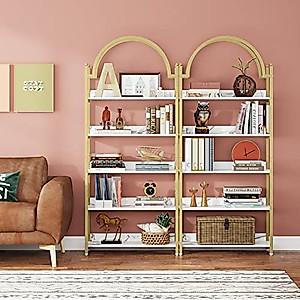 Tribesigns 5-Shelf Gold Etagere Bookcase, Modern Metal Open Arched Bookshelf, 72 Inches Tall Gold Shelves for Living Room, Bedroom(1, White+Gold)