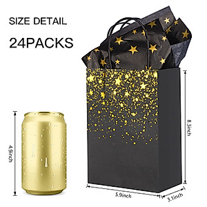 Sharlity Small Black Gold Gift Bags 24pcs Party Paper Bags with Star Tissue Paper for New Year, Birthday, Wedding, Bridal, Baby Shower, Black and Gold Party Supplies (8.3 x 5.9 x 3.1inch)