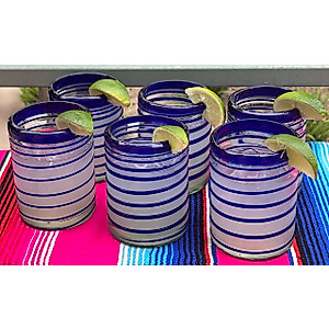 Hand Blown Mexican Drinking Glasses – Set of 6 Tumbler Glasses with Blue Spiral Design (10 oz each) …