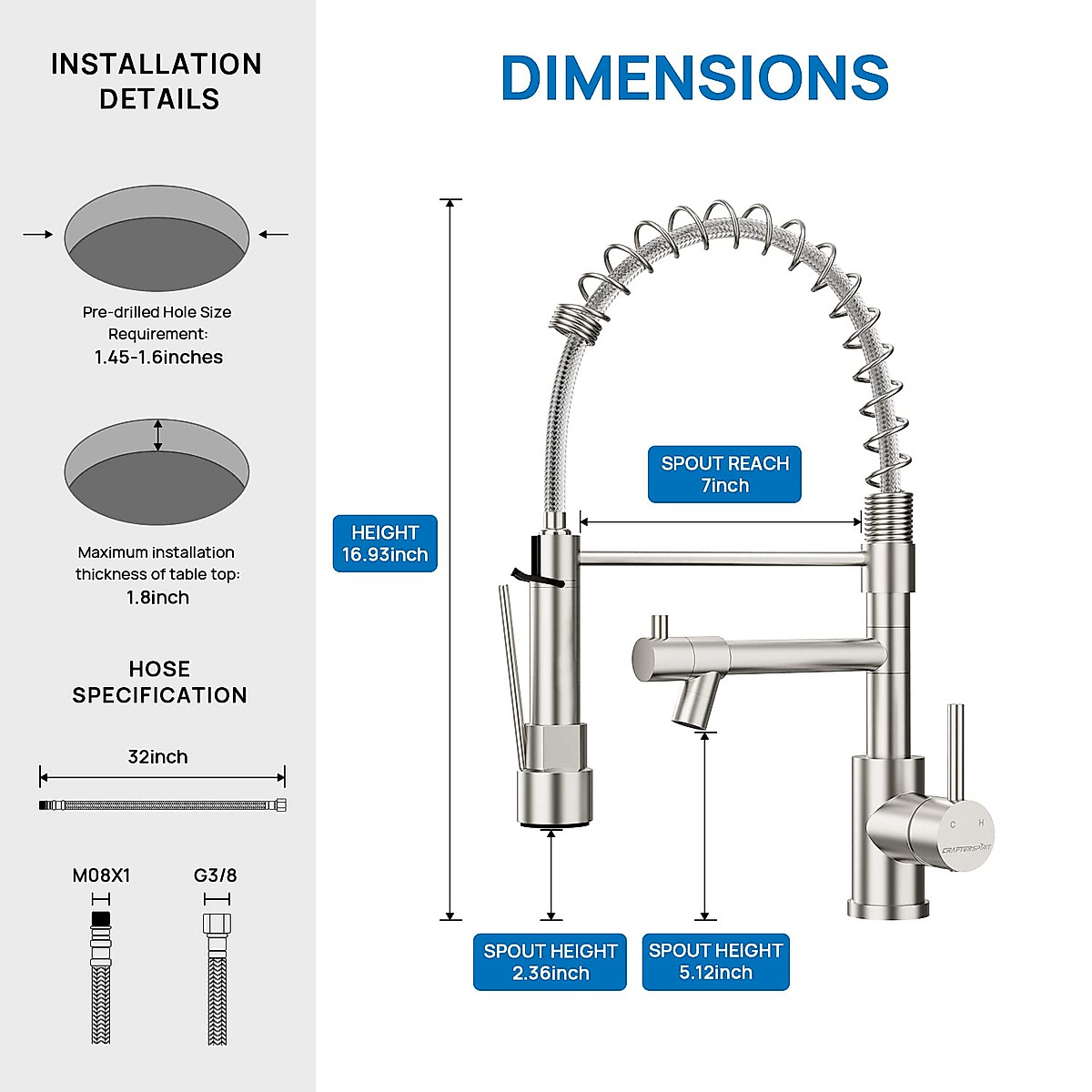 Kitchen Faucets,Craftespirit Kitchen Faucet with Pull Down Sprayer Kitchen Sink Faucet Brushed Nickel Kitchen Faucet with Sprayer