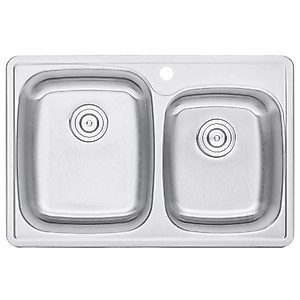 CozyBlock 33 x 22 x 9 Inch 60/40 Offset Top-mount/Drop-in Stainless Steel Double Bowl Kitchen Sink with Strainer and Protective Bottom Grid - 18 Gauge Stainless Steel-1 Faucet Hole