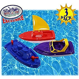 Matty's Toy Stop Plastic Boats Set Sailboat (Red), Speedboat (Purple) & Fireboat (Blue) Gift Set Bundle, Perfect Bath, Pool, Beach Etc. - 3 Pack