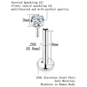 20G Threadless Push in Lip Rings Nose Rings For Women 316l Surgical Steel Labret Jewelry Monroe Lip Rings Medusa Piercing Tragus rook Helix Cartilage Earring Piercing Jewelry 8mm Silver 3mm CZ