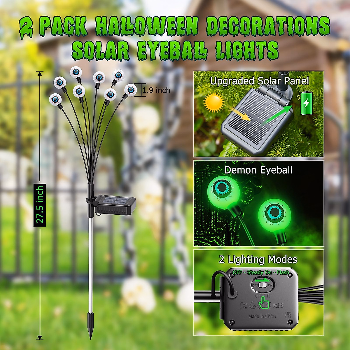 Outdoor Halloween Decorations Outside Solar Lights, 2PACKS 16 Scary Eyeball LED Green Eyeball Swaying Firefly Lights,Waterproof Solar Halloween Path Lights for Yard/Garden/Lawn/Party Decor