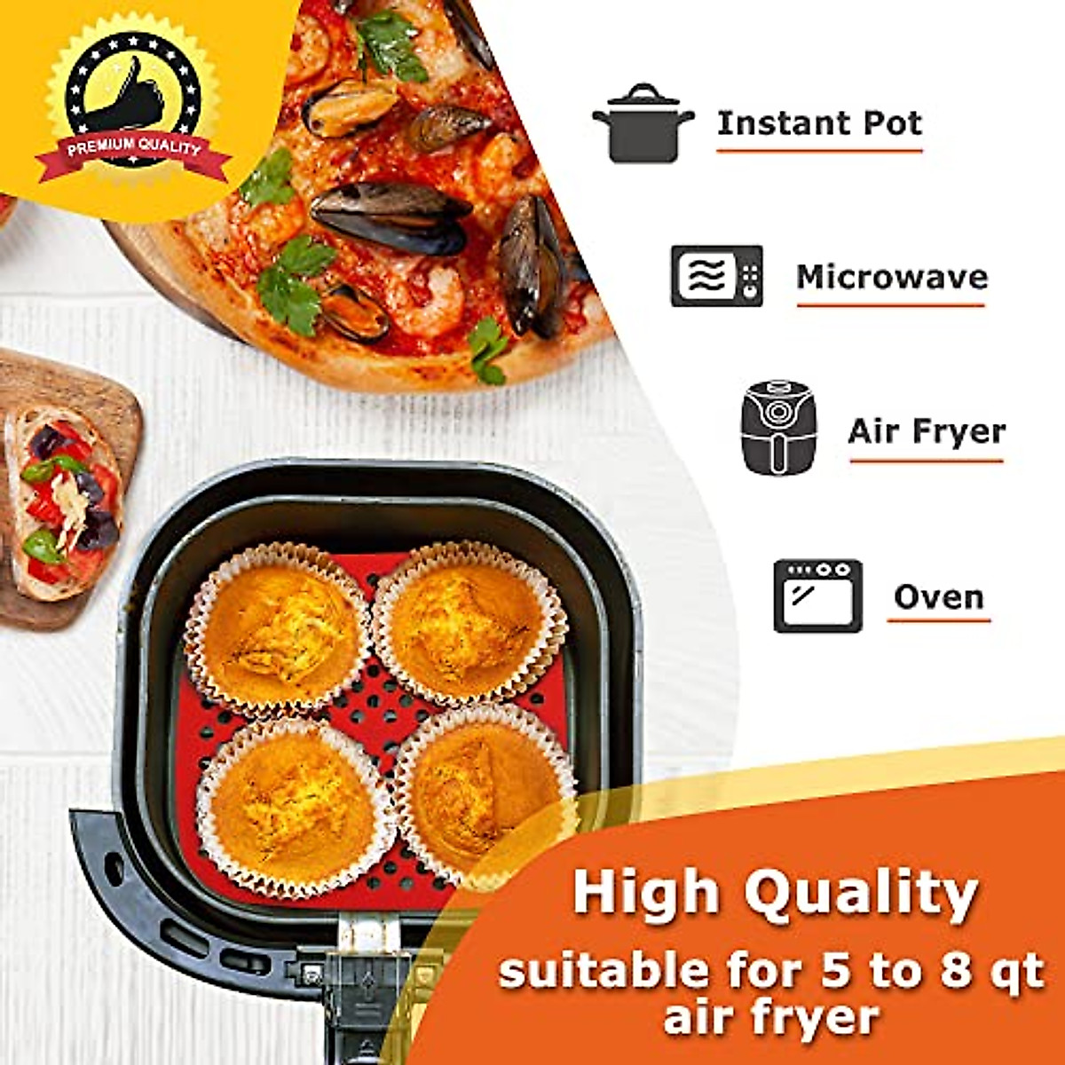 Reusable Air Fryer Silicone Liners Set, 8.5in Non Stick Perforated 5.8qt Air Fryer Accessories with Magnetic Cheat Sheet Deep Fryer Parts Replace Parchment Paper Easy Clean, 3 Pcs Square