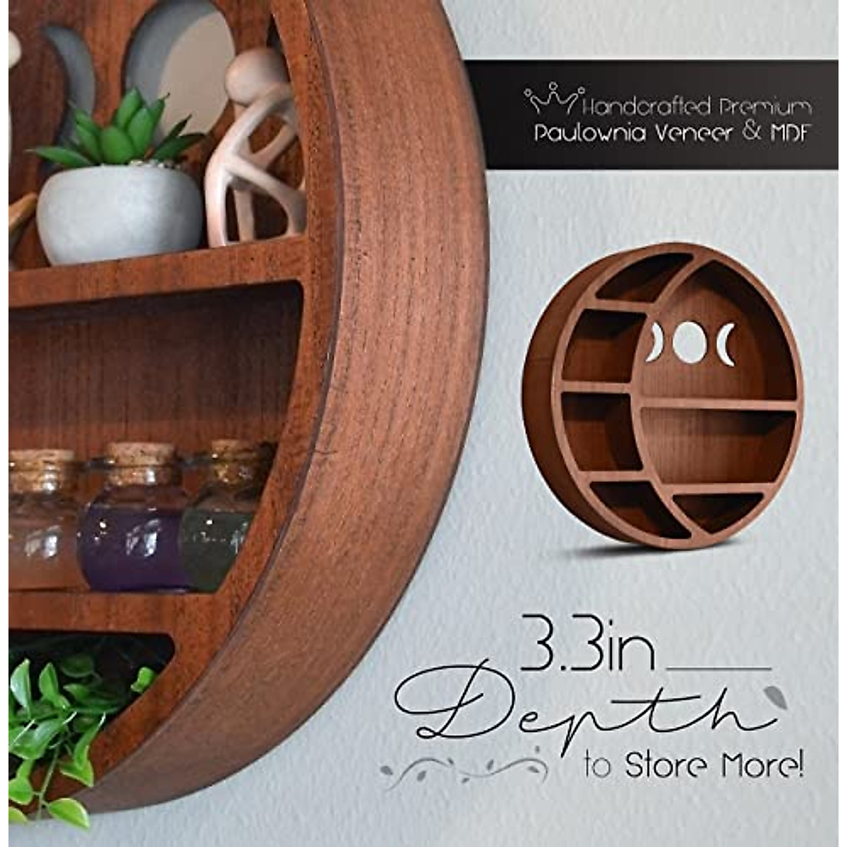 Kuuza Crescent Moon Shelf for Crystals | Moon Phase Shelf | Wooden Moon Shelf | Wall Decoration for Stone Crystals and Essential Oils | Moon Phases Wall Art, Brown, 17 inch x 17 inch x 3.4 inch