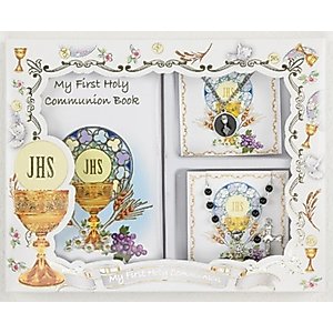 Boys My First Holy Communion Gift Set with Prayer Book, Rosary, and Chalice Pendant
