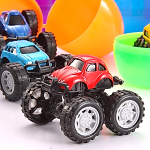 JOYIN 8 Pcs Prefilled Easter Eggs with Monster Truck Car Toys for Kids Boys Easter Eggs Hunt, Easter Basket Stuffers/Fillers, Filling Treats, Party Favor, Classroom Prize Supplies