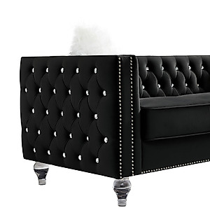Tomkate 59.8 Inch Small Chesterfield Sofa, Modern Velvet Upholstered Loveseat Sofa Couch with Two Pillows and Crystal Feet, Crystal Buckle Upholstery Tufted 2 Seater Sofa for Living Room, Black