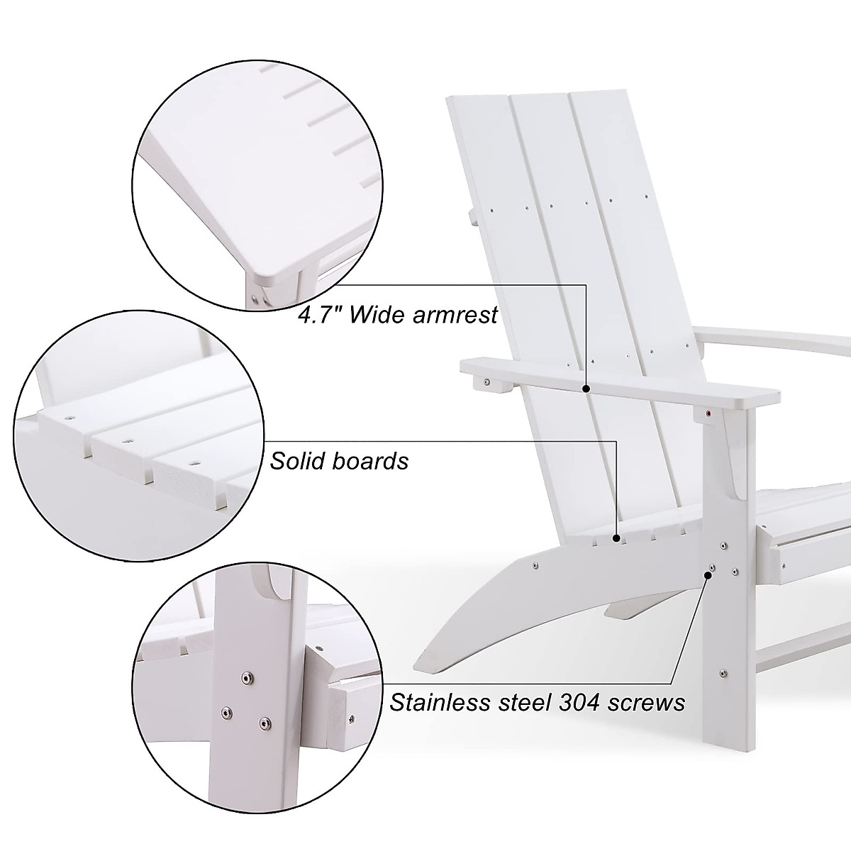 Psilvam Modern Adirondack Chairs Set of 4, Oversized Poly Lumber Fire Pit Chair, 350 Lbs Support Patio Chairs for Garden, Weather Resistant Adirondack Chair Looks Like Real Wood (4, White)
