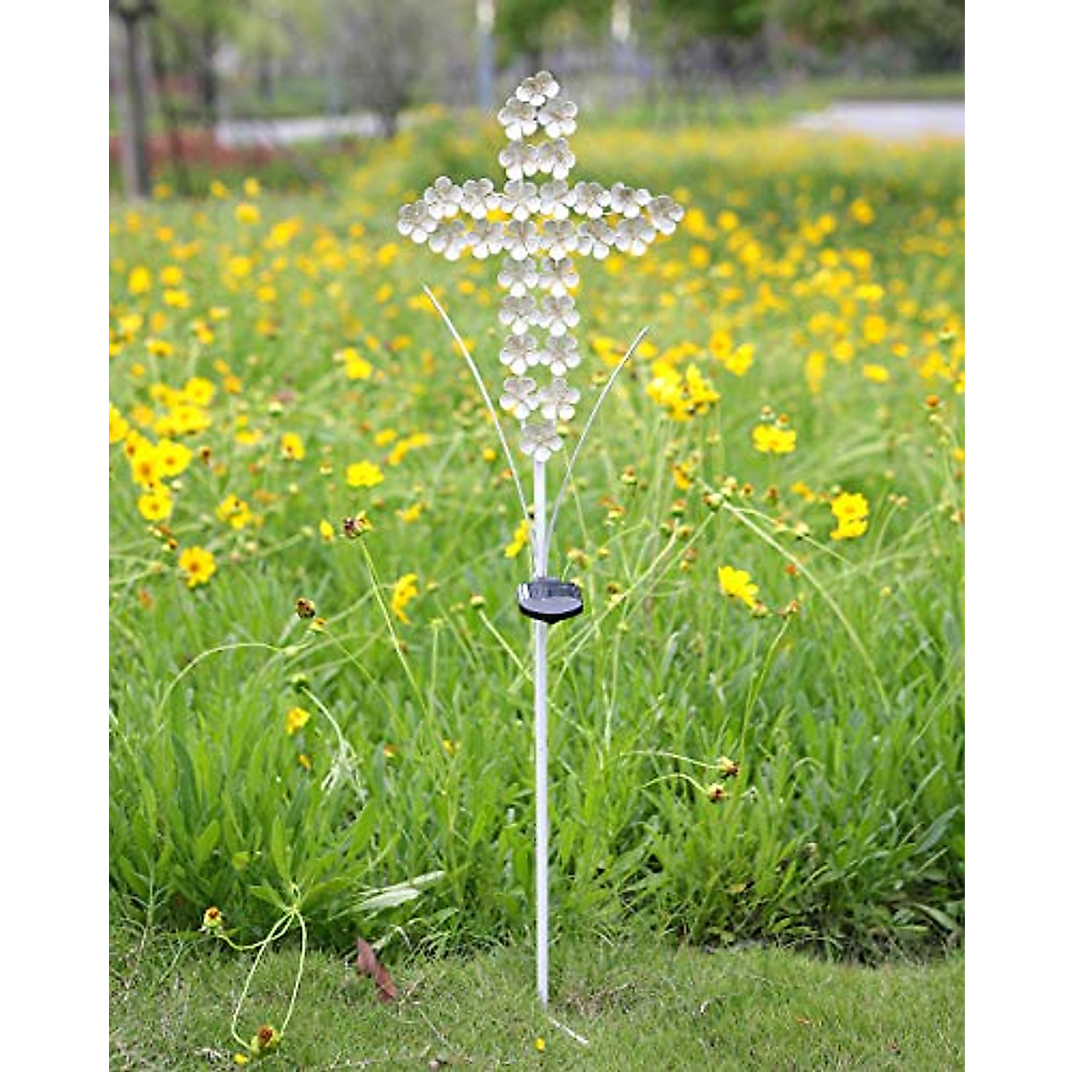 WSgift White Cross Garden Stake Solar Lights Metal Hydrangea Cross Stake Memorial Gift w/ 28 Solar LEDs Solar Cross Lights Perfect as Cross Remembrance Gifts & Sympathy Gifts (10" W x 40" H)