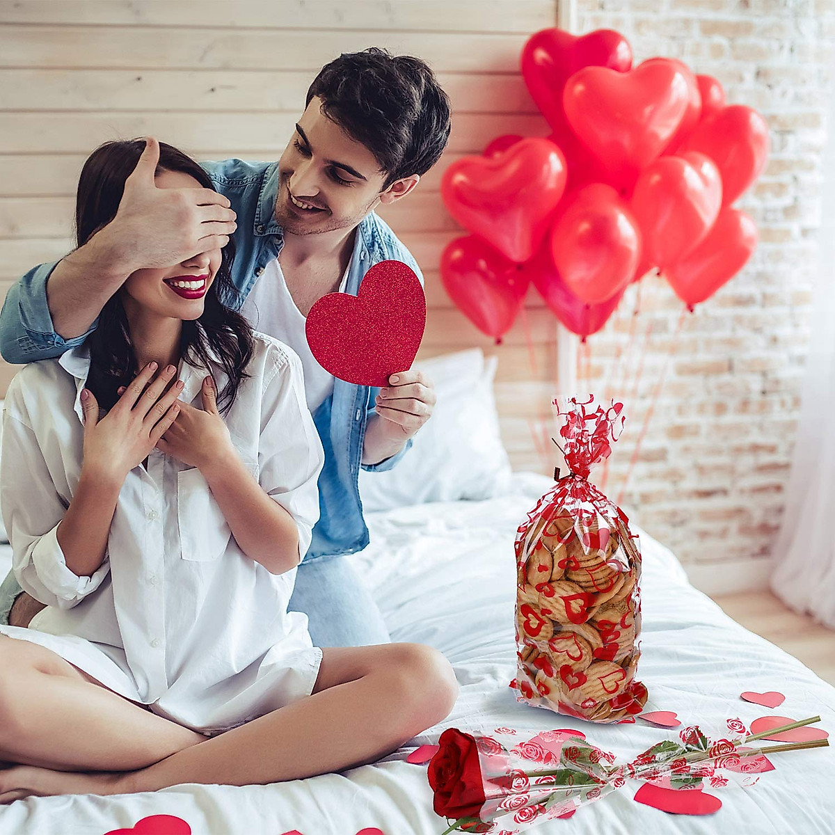 150 Pieces Valentine Cellophane Bags Treat Bags Goodies Bags Candy Bags with 150 Pieces Twist Ties for Valentine's Day Party Favor Supplies (Rose, Heart and Happy Valentine's Day Design)