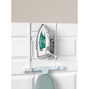 Spectrum Diversified Over-the-Door Holder No-Installation Iron & Ironing Board Storage, Sturdy Steel Construction With Rubberized Hook Ends Laundry Room Storage & Closet Organization, White, Large