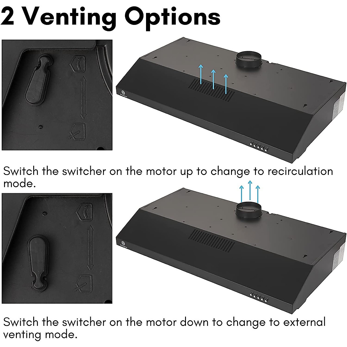 HTH HTHomeprod 36 Inch Under Cabinet Range Hood Stainless Steel Kitchen Stove Vent 3 Speeds Exhaust Fan Black Color