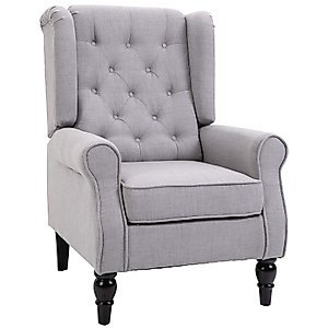 HOMCOM Mid-Century Modern Accent Chair, High Wingback Chair, Button-Tufted Upholstered Fabric Armchair with Retro Wood Legs for Living Room, Bedroom, Gray