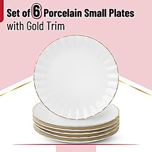 BTaT- White Dessert Plates, Set of 6, 8 inch, White Porcelain with Gold Trim, Small Plate, Small Appetizer Plates, Small White Plates, Dessert Plates Porcelain, White Plates