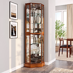 BELLEZE Lighted Curio Cabinet Corner Display Case for Living Room, China Hutch with Tempered Glass Doors and Shelves, Wooden Accent Cabinet, Bar and Liquor Storage Area - Ashfield (Oak)