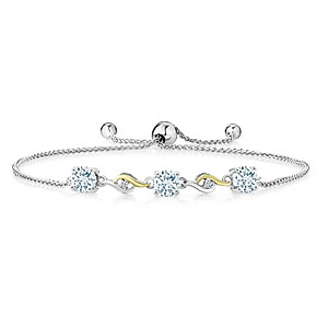 Gem Stone King 925 Silver and 10K Yellow Gold Bracelet For Women Round Sky Blue Aquamarine and Moissanite (1.52 Cttw)