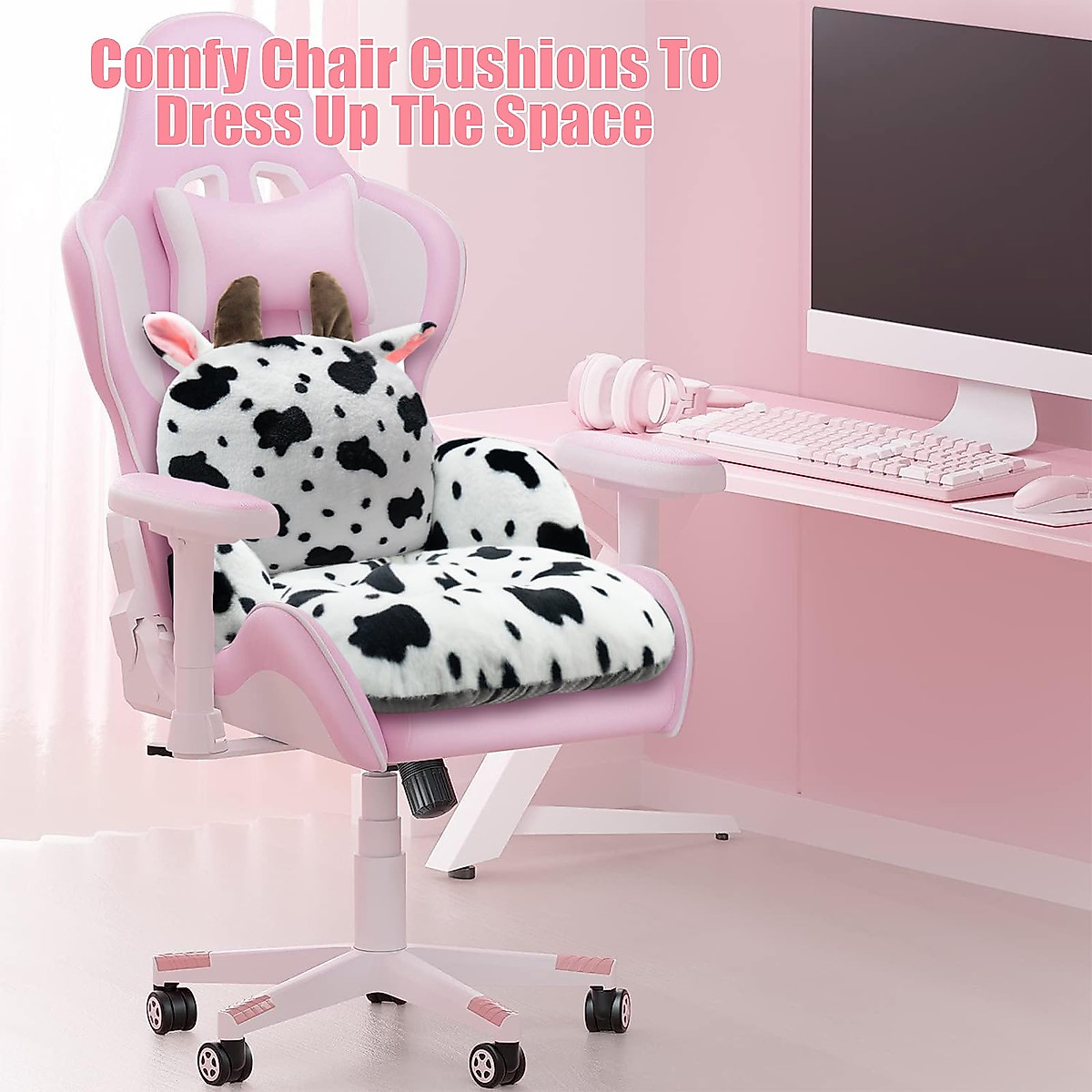 QIUODO Cute Chair Cushion, Gaming Chair Cushion with Backrest Non-Slip, Comfy Seat Cushion for Office Desk, Kawaii Chair Cushions for Gamer, Soft Chair Cushion for Room Bedroom Decor（Fancy Cow）