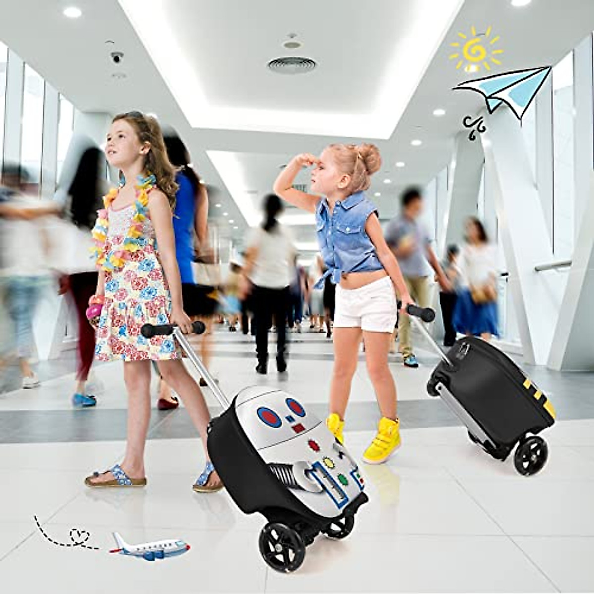 HONEY JOY Kids Scooter Suitcase, 18” Children Carry on Scooter Luggage w/Light-up LED Wheels, Waterproof Shell & Retractable Handle, Lightweight Foldable Ride on Suitcase for Kids Boys Girls(Robot)