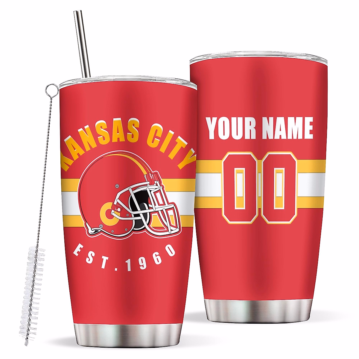 Custom Kansas City Tumbler 20oz Stainless Steel with Lid & Straw Personalized Football Fans Gifts for Women Men Coffee Travel Mug Cup Add Name Number