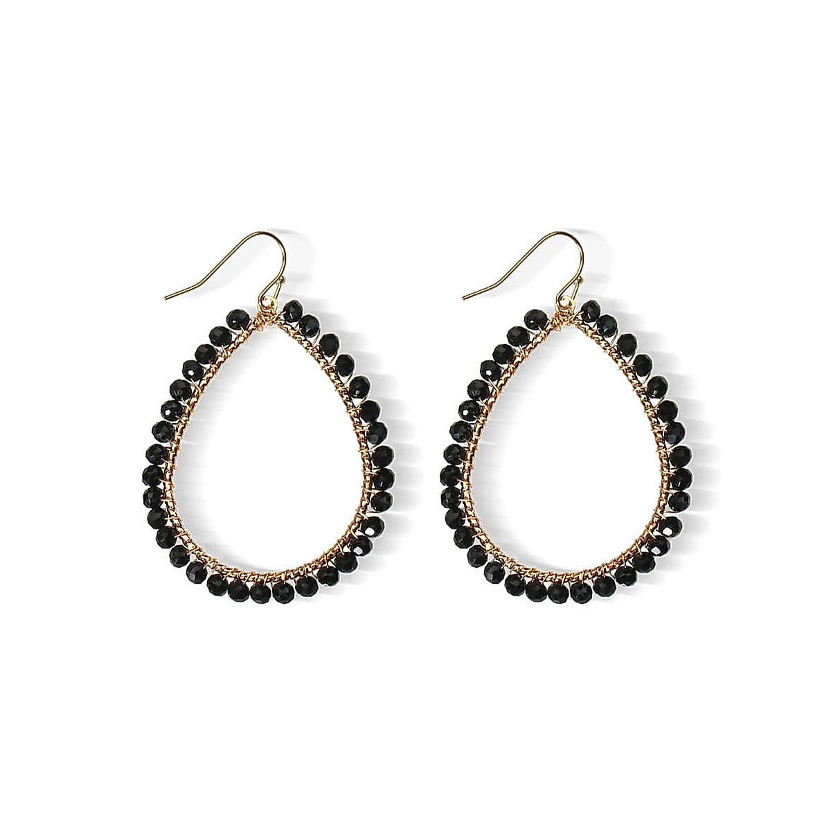 Bohemian Boho Beaded Teardrop Dangle Drop Earrings Hollow Sparkly Crystal Gold Wire Wrapped Crystal Earrings for Women Statement Jewelry-black