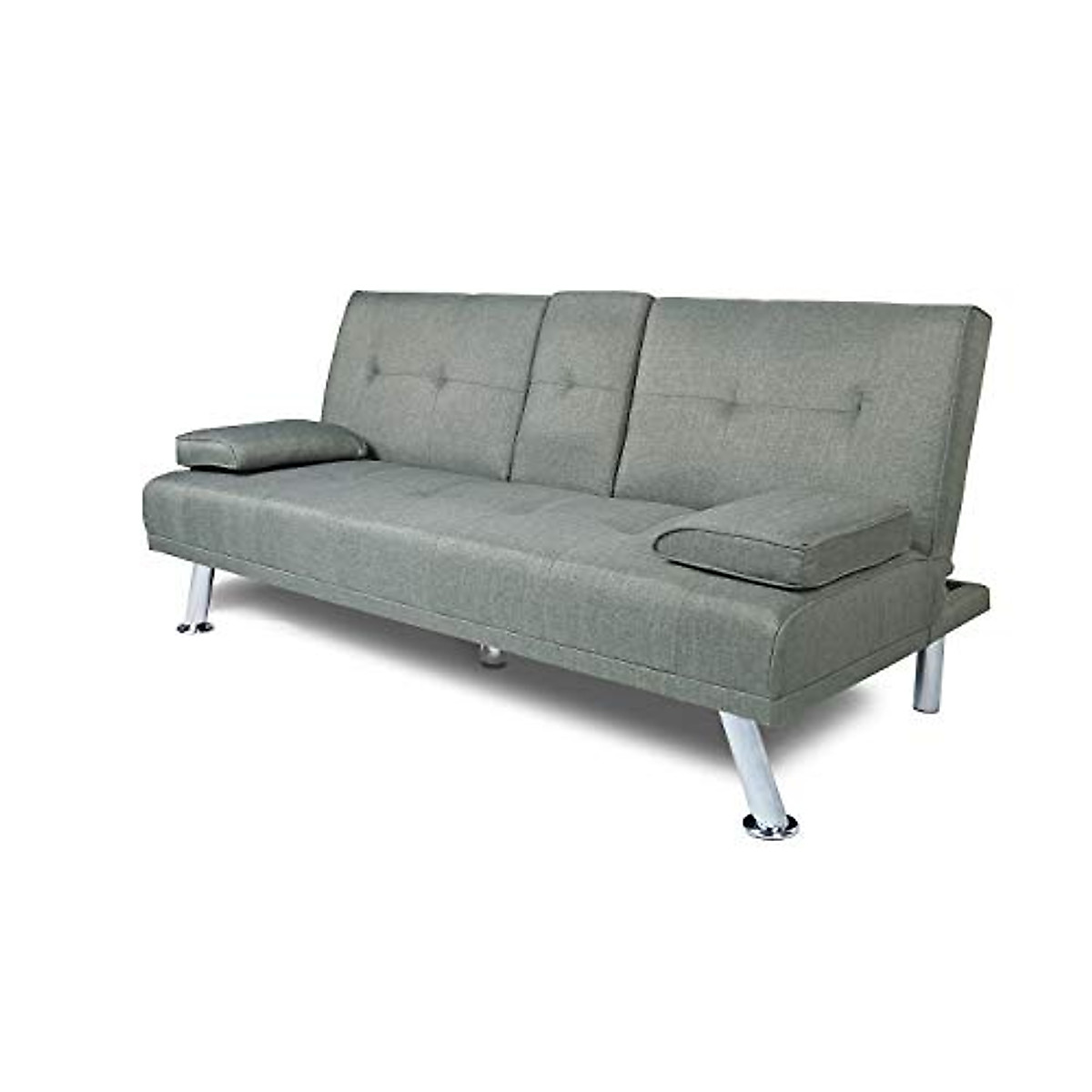 ERYE Upholstered Futon Sofa Sitting Space Loveseat Convertible Sleeper Couch Bed for Apartment Office Home Gym Living Room Furniture Sets Sofabed, Light Gray Linen Tufted Metal Legs with 2 Cupholders