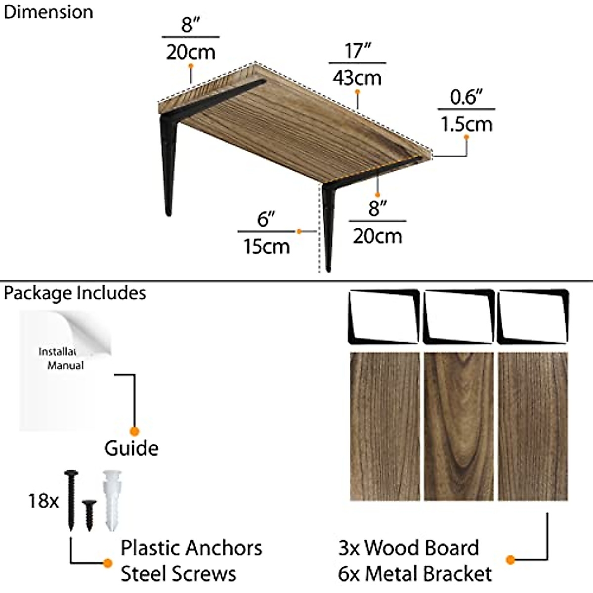 Wallniture Arras 17"x8" Wall Bookshelves for Living Room Decor Kitchen Organization Office Decor, Shelves for Bedroom & Bathroom Storage Set of 3, Burnt Finish