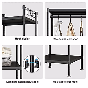 Isyunen Garment Rack, Heavy Duty Clothes Rack with Double Rods and 6 Storage Shelves and 1 Pairs Side Hooks for Hanging Clothes,Adjustable Metal Freestanding Closet Wardrobe Rack,Black (Black)