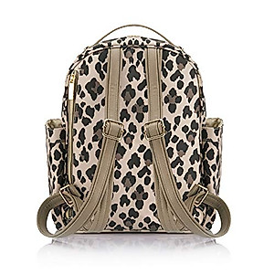 Itzy Ritzy Chic Mini Diaper Bag Backpack Made of Printed Polyester with Vegan Leather Changing Pad, 8 Total Pockets (4 Internal + 4 External), Handle & Rubber Feet, Leopard
