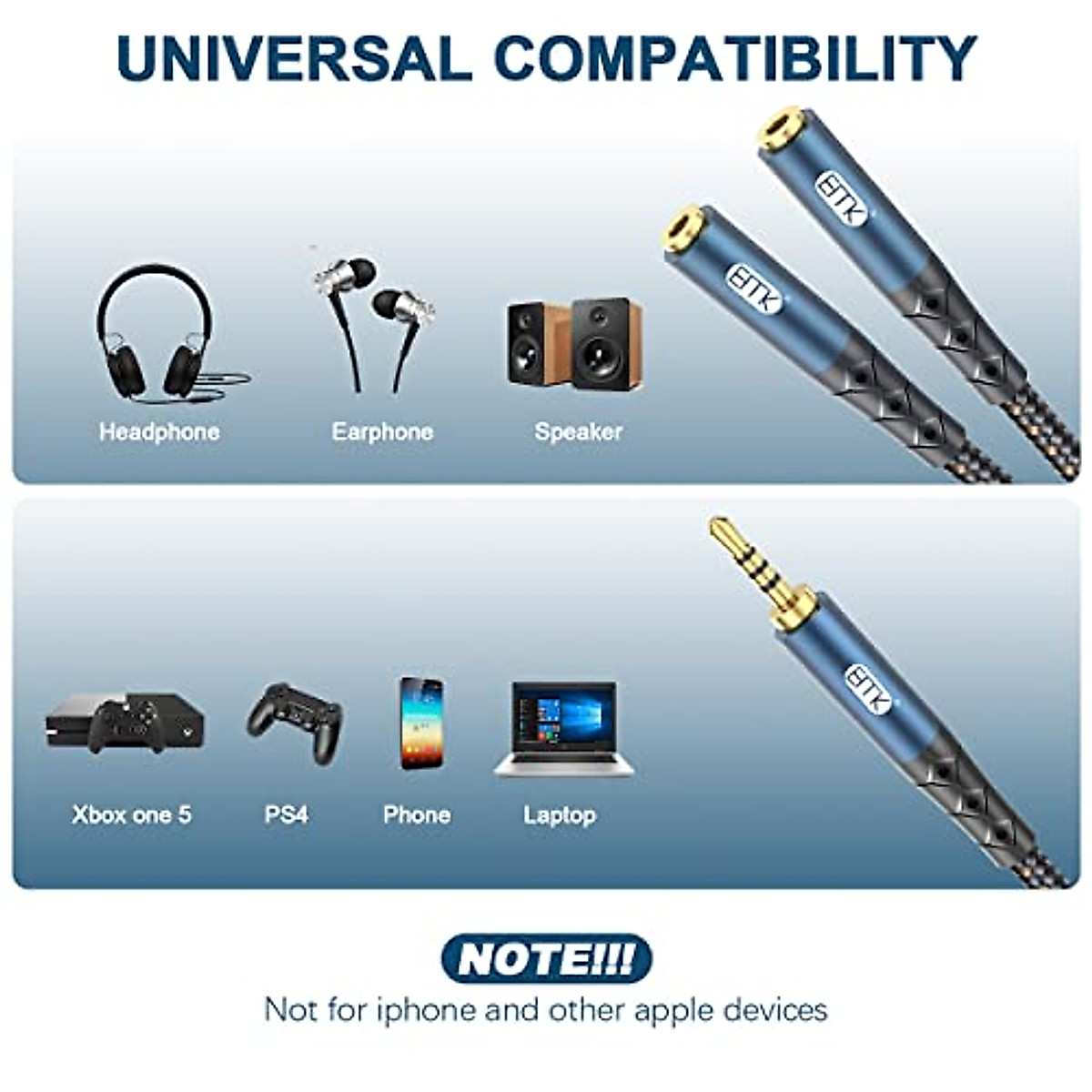 EMK Headphone Splitter 3.5mm TRRS Stereo Audio Y Splitter Extension Cable Nylon-Braided 4-Pole Male to 2Female Dual Headphone Jack Adapter for Phone, PS4, Switch, Tablet, Laptop (12inch/30cm)