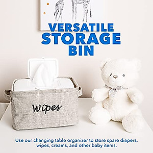 Dejaroo - Baskets for Organizing Wipes and Newborn Essentials, Diaper and Wipes Organizer, Embroidered Baby Shower Gifts for Moms, Linen Basket with Handle, 9 x 6 x 5.5 Inches, Grey