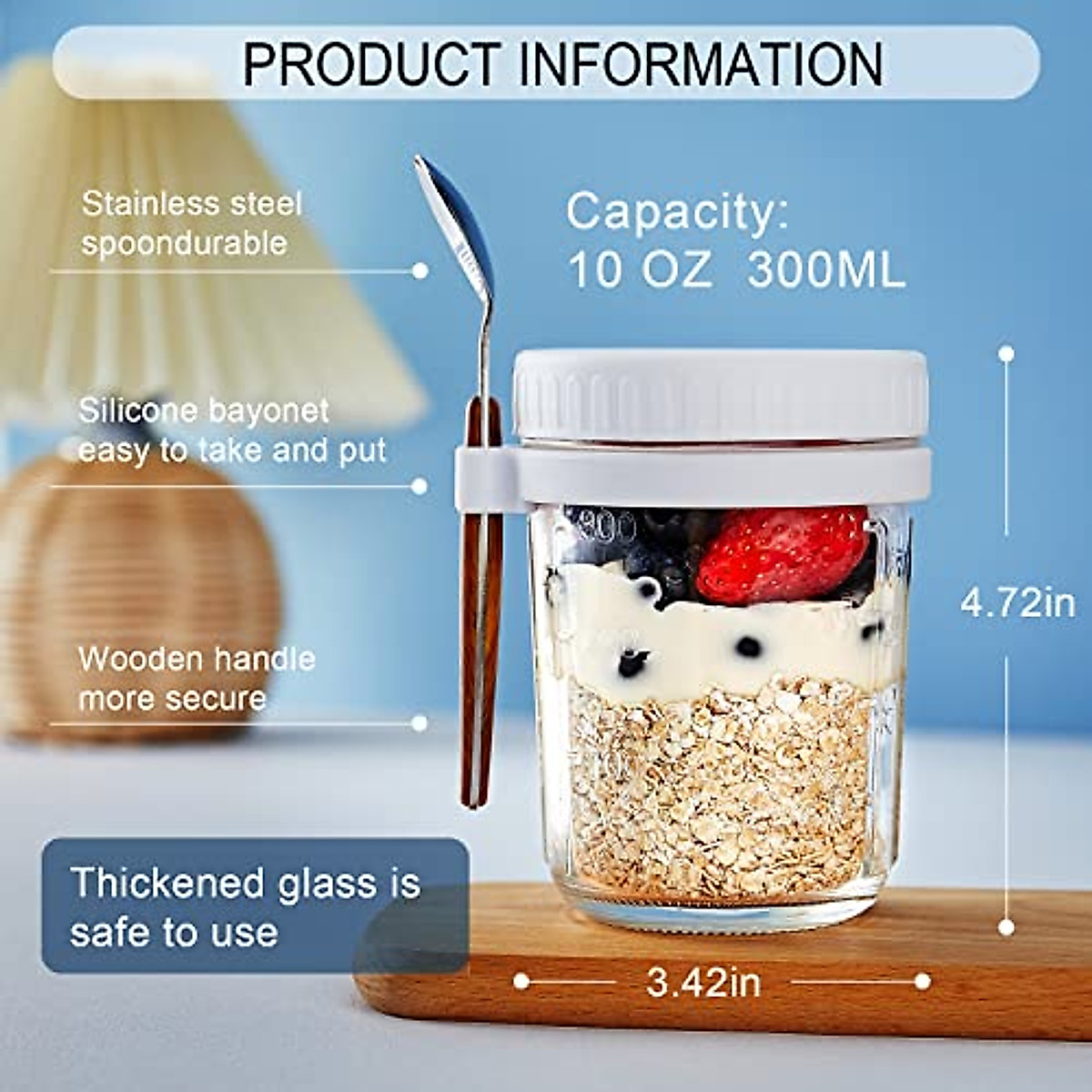 Overnight Oats Containers with Lids 2, 10oz Wide Mason Jars with Spoon - Great for on-the-go cereal containers - Very convenient for use on the go, Sealed glass jars are ideal for home, office or on-the-go (White)
