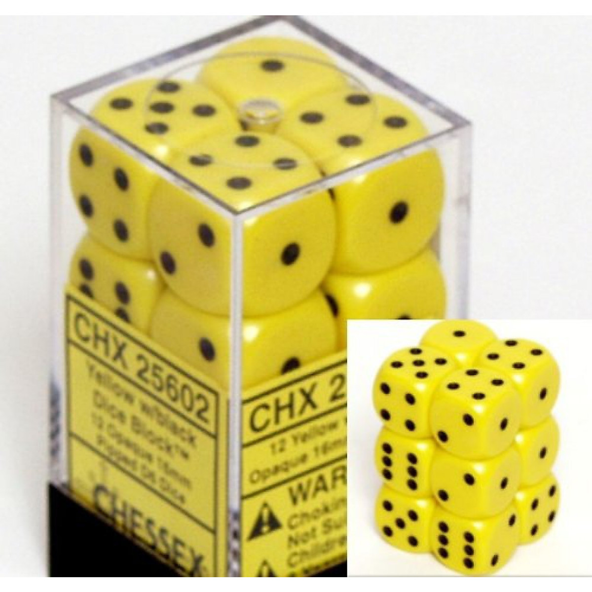 Chessex - D6 Opaque 6 Sided Dice (Set of 12) 16 mm Yellow with Black