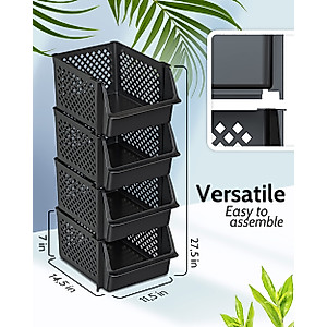 Skywin Plastic Stackable Storage Bins for Pantry - 4-Pack Black Stackable Bins For Organizing Food, Kitchen, and Bathroom Essentials