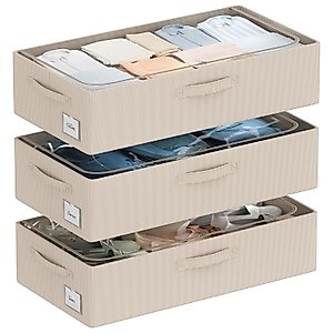 3Pcs Under Bed Storage Bins with Metal Frame - Shoe Organizer for Closet with Clear Cover Oxford Fabric Sturdy Underbed Container Foldable Stackable Clothes Organizer (Beige, 23.5x11.8x6.3)