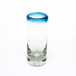MexHandcraft Aqua Blue Rim 2 oz Tequila Shot Glasses (set of 6), Recycled Glass, Lead-free, Toxin-Free (Shot)