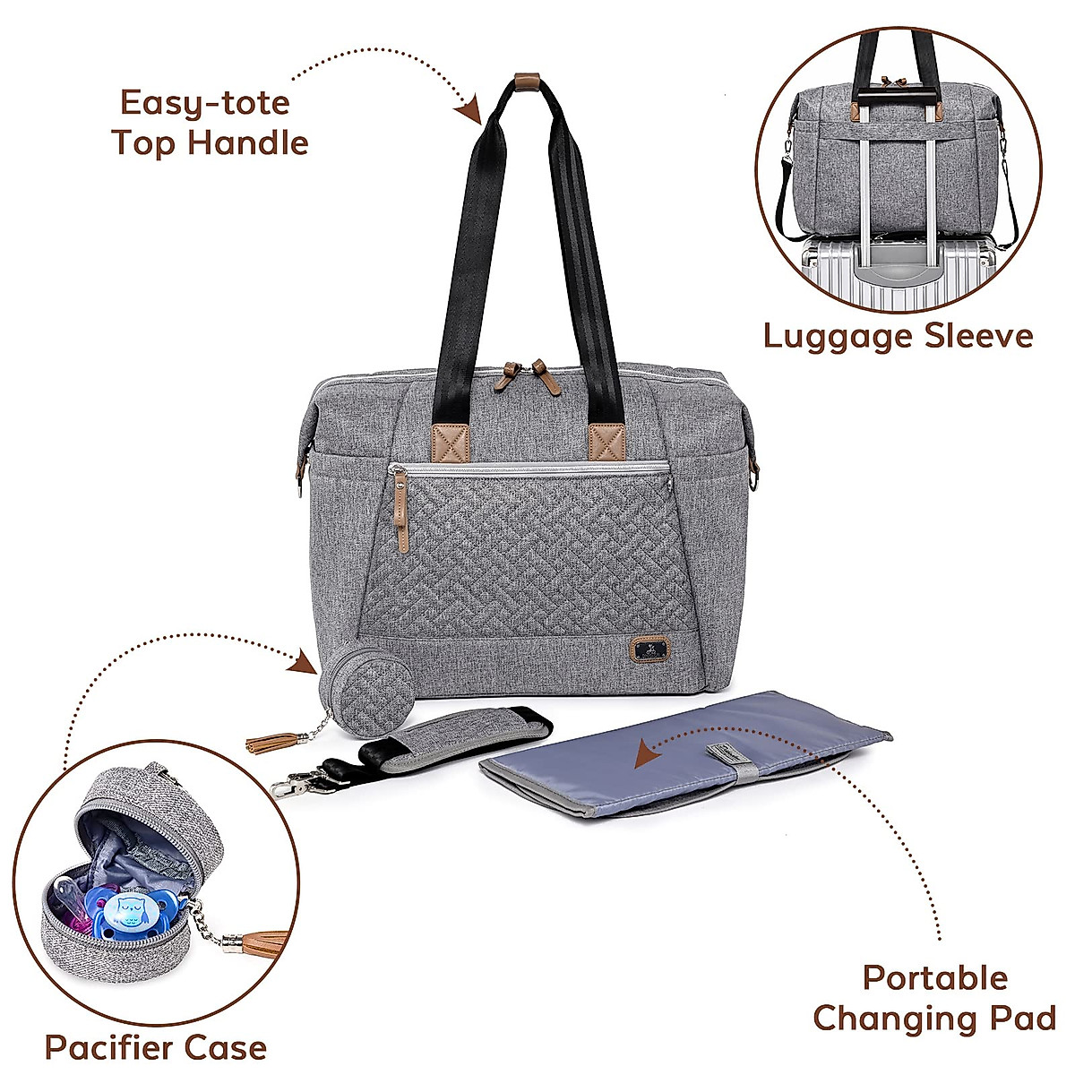 Dikaslon Diaper Bag Tote with 2 Pack Stroller Hooks, Pacifier Case and Changing Pad, Large Travel Diaper Tote for Mom and Dad, Multifunction Baby Bag for Boys and Girls