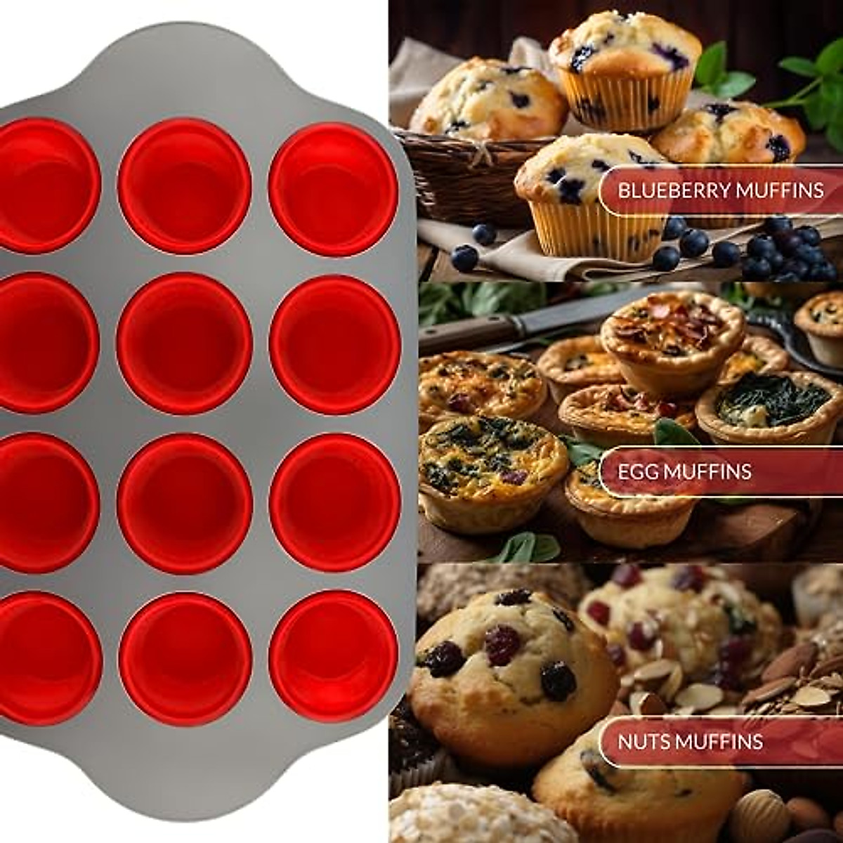 Boxiki Kitchen Non-Stick 12 Cup Silicone Muffin Pan With Steel Frame - BPA Free, Non-Toxic, Anti-Warp, Durable & Easy to Pop Silicone Muffin Tin - Perfect Cupcake Pan