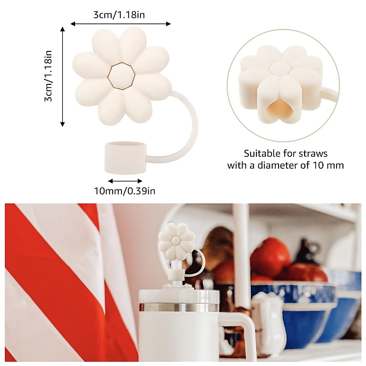 Obxquisite Straw Cover Cap for Stanley Cup, 3Pcs Flower Silicone Straw Toppers Accessories Compatible with Stanley Cup 30&40 Oz Tumbler, Straw Tips Lids for Home and Party Decor (Beige)