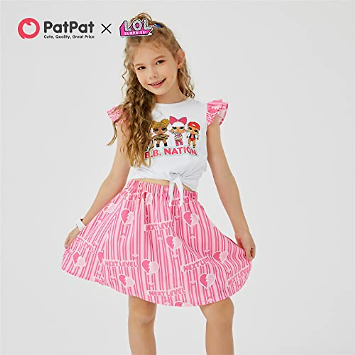 L.O.L. Surprise! Girls Skirt Set 2Pcs Kid Girl Graphic Print Tie Knot Ruffle Sleeve Cotton Tee and Allover Print Skirt Set PinkyWhite 9-10 Years