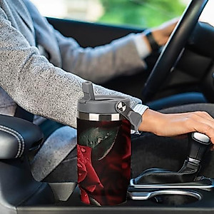 RTFGHJS Red Rose 30 Oz Tumbler with Handle And Flip Straw, Stainless Steel Vacuum Insulated Travel Mug, Thermal Cup for Coffee, Water, Iced Drinks, Fits Car Cup Holders (Home, Sports)
