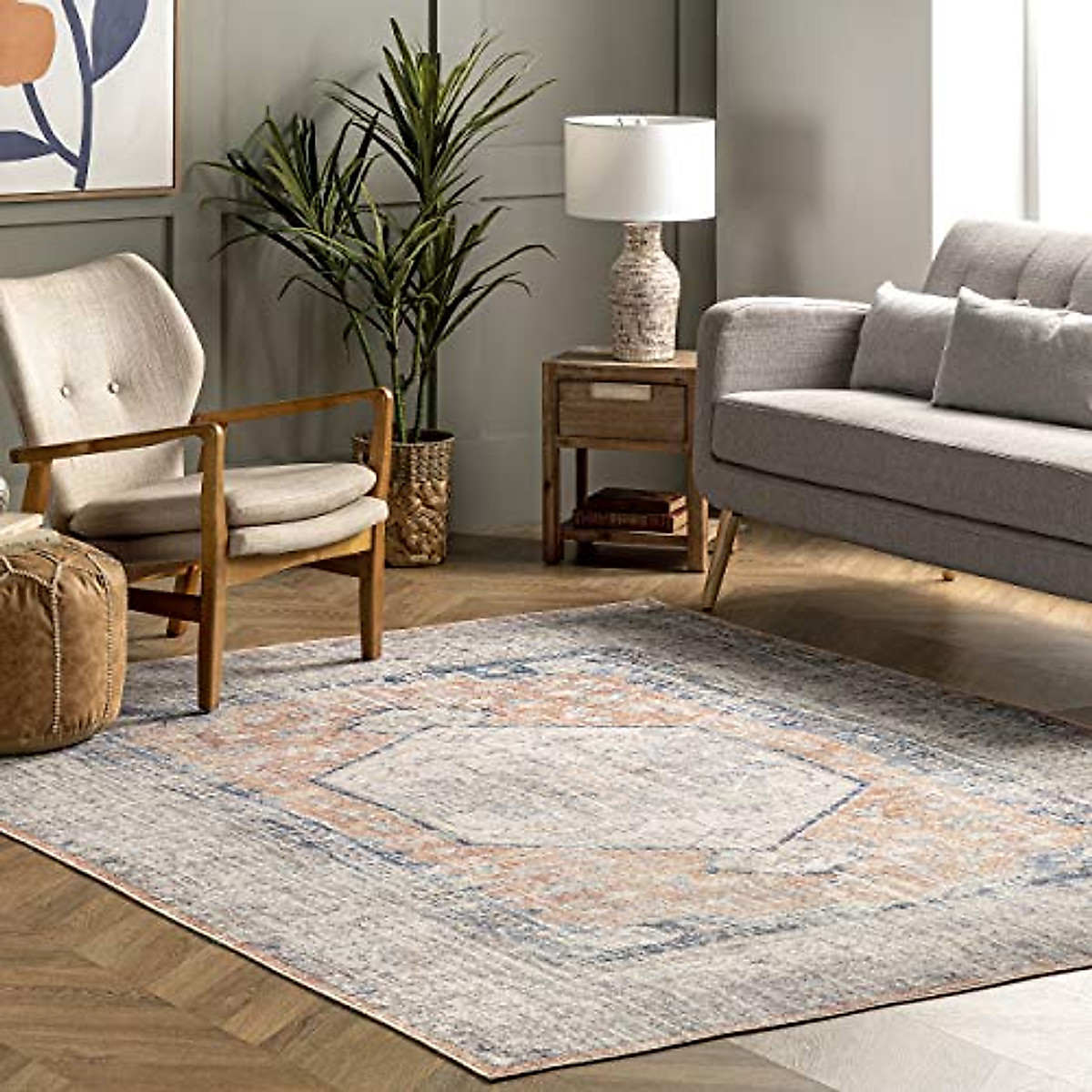 nuLOOM 5x8 Machine Washable Rain Haven Vintage Medallion Area Rug, Peach, Traditional Faded Design, Non-Slip Backing, Stain Resistant, For Bedroom, Dining Room, Living Room, Kitchen
