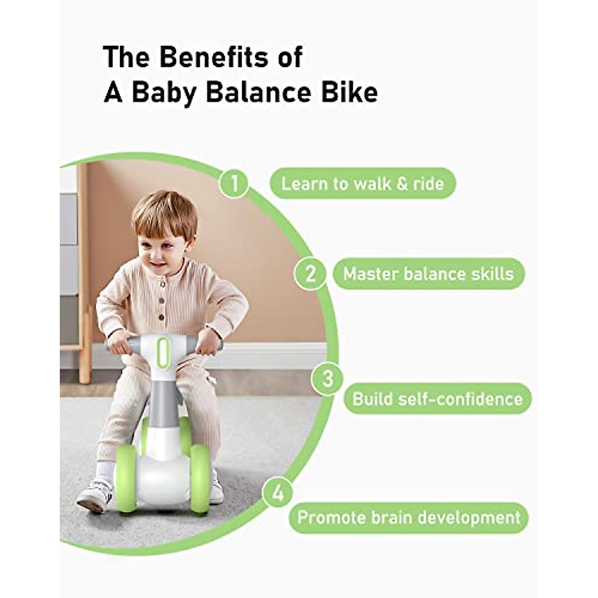 Lillilook Baby Balance Bike for Toddlers 1-3 Years Old, Riding Toys with 4 Wheels for Chilren Age 2, No Pedal Anti-Drop Baby Walker Bicycle, Kids First Bike Birthday Gift, for Boys Girls